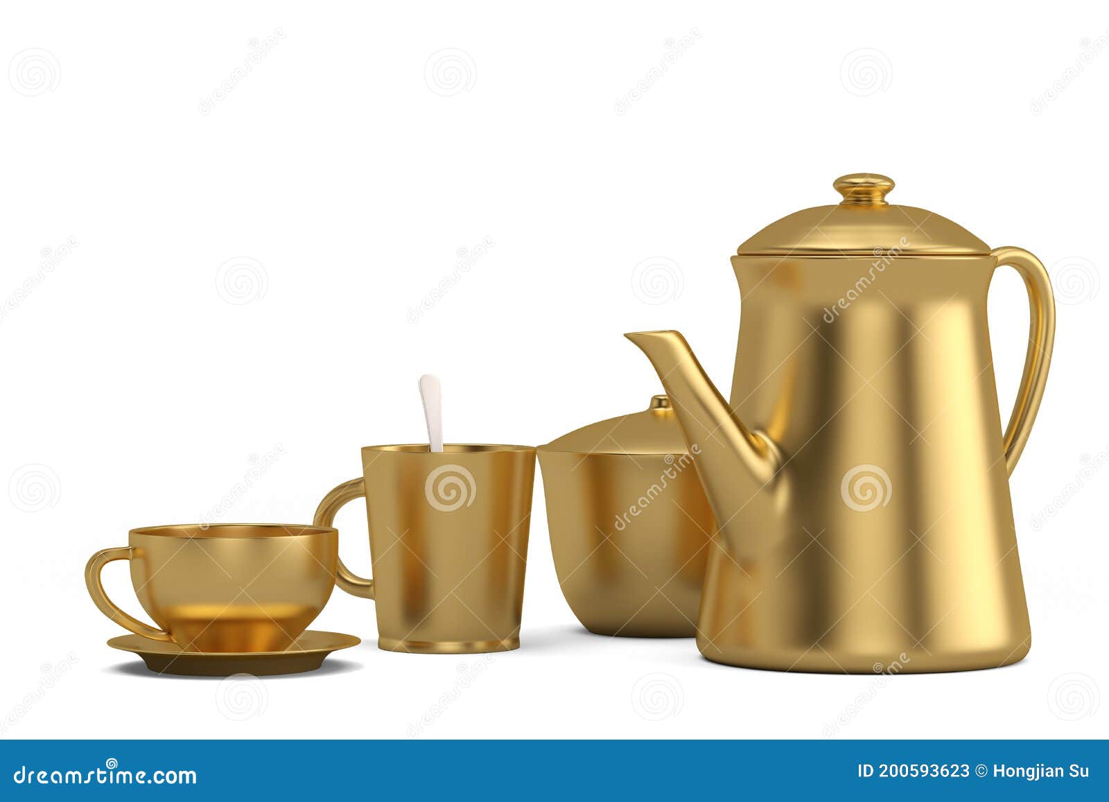 Gold Tea Set Isolated on White Background, 3D Render. 3D Illustration ...