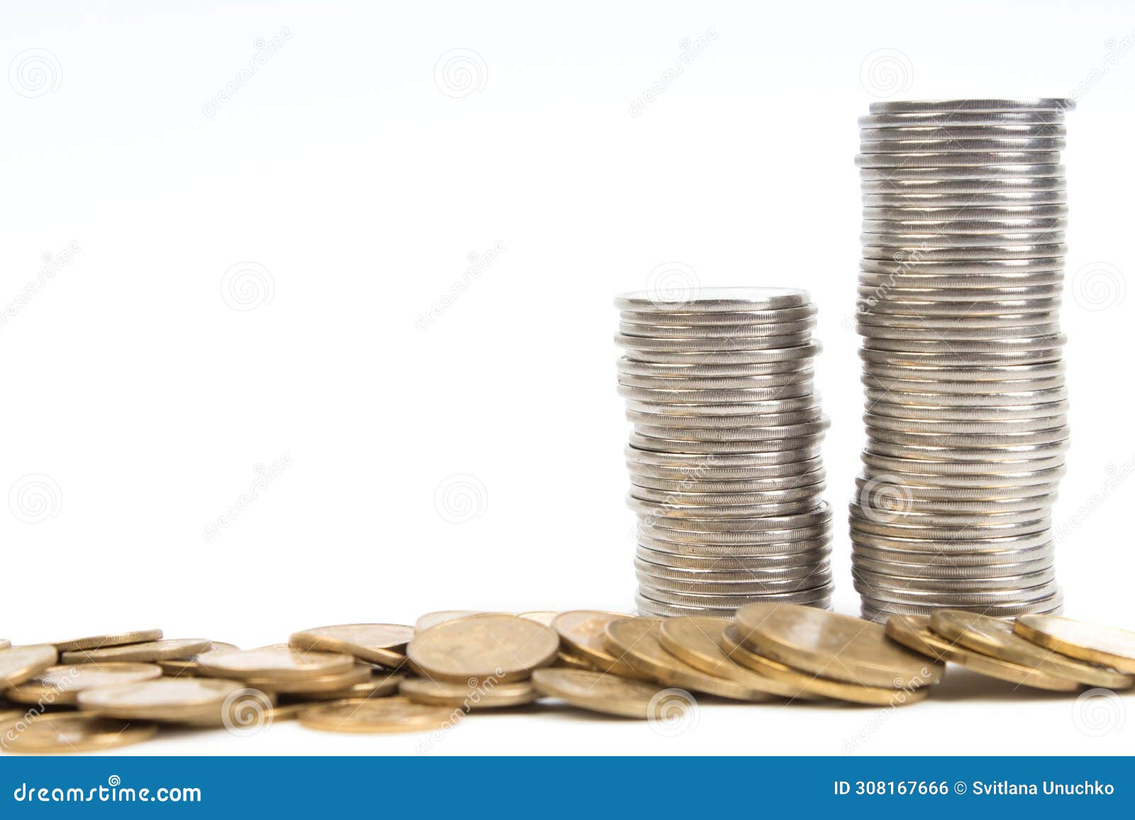 Gold Towers Made Out of Gold and Silvery Coins, Stack Isolated on White ...