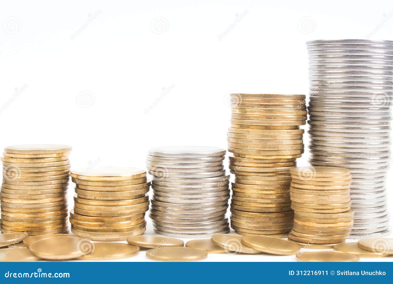 Gold Towers Made Out of Gold and Silvery Coins, Stack Isolated on White ...