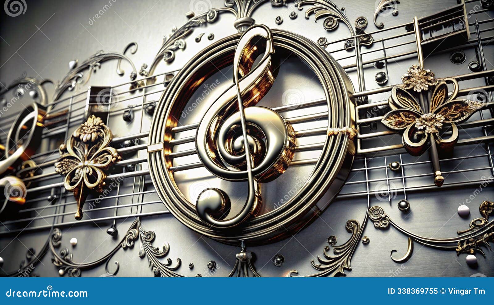 A Gold Treble Clef Surrounded by Musical Notes and Decorative Elements ...