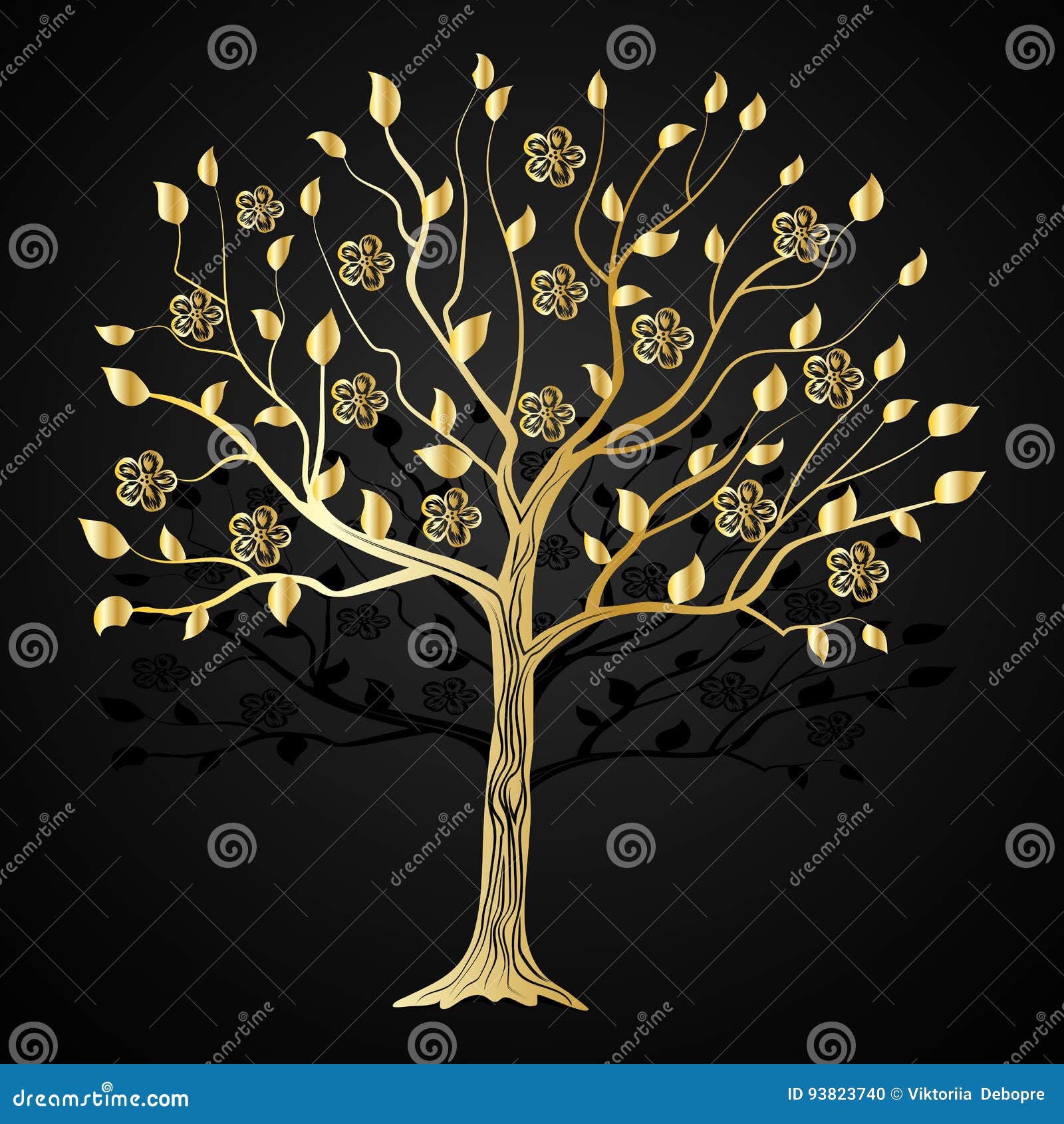 Gold tree with flowers stock vector. Illustration of luxury - 93823740