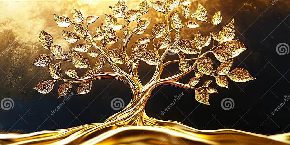 A Gold Tree with Leaves on a Black Background Stock Image - Image of ...