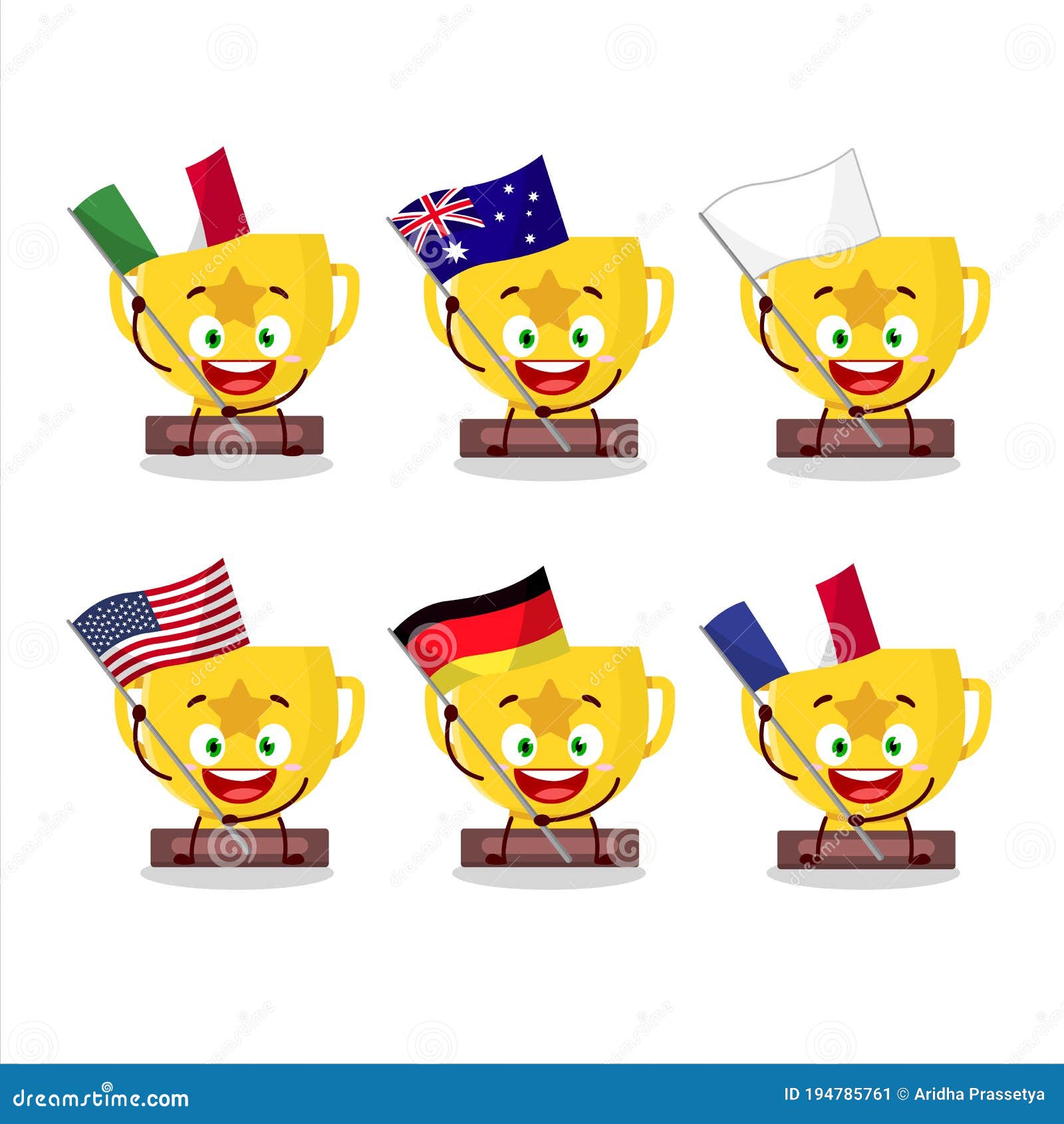 Gold Trophy Cartoon Character Bring the Flags of Various Countries ...