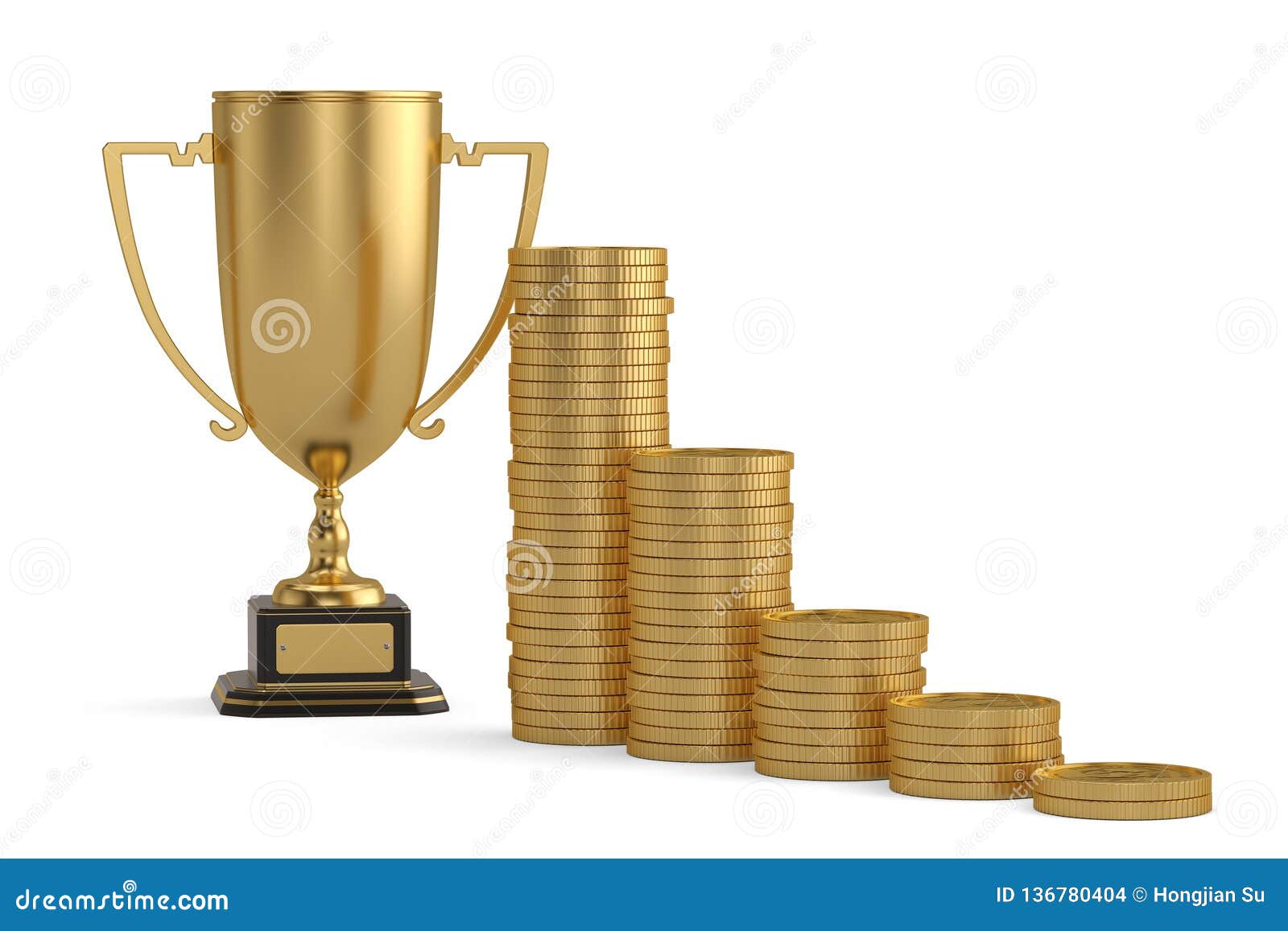 Gold Trophy and Coin Stacks Isolated on White Background 3D ...