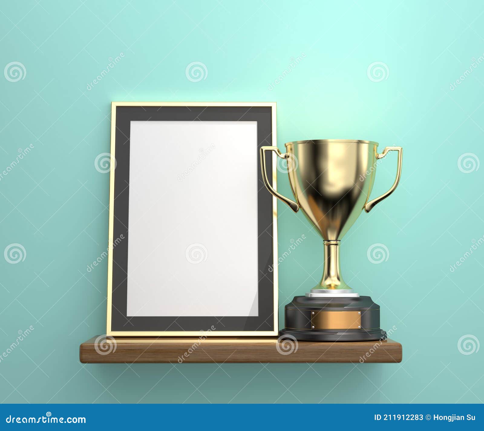 Gold Trophy and Photo Frame on Shelf Realistic Side View Composition ...