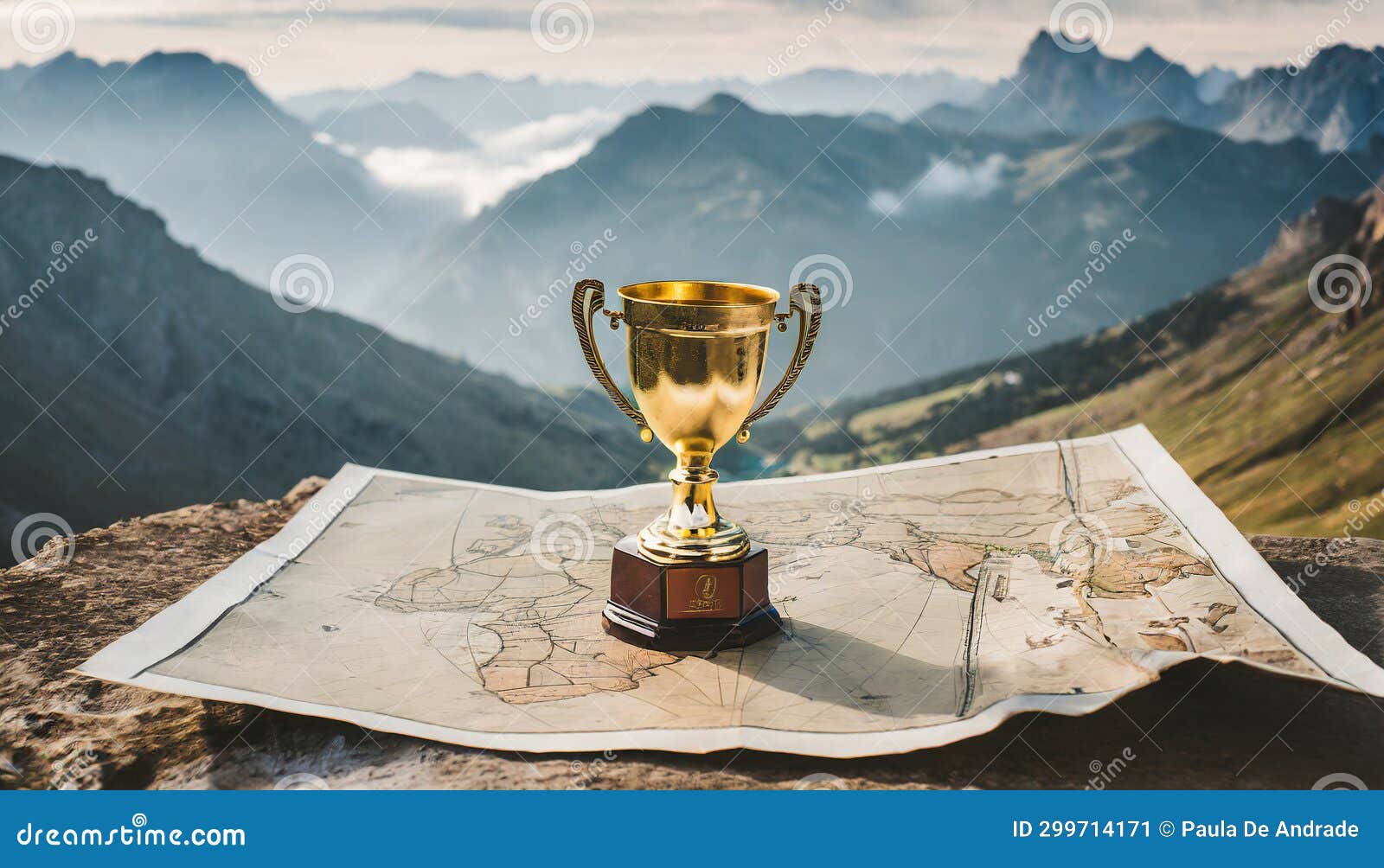 Gold Trophy Sits on Top of an Old Map with Mountains in the Background ...