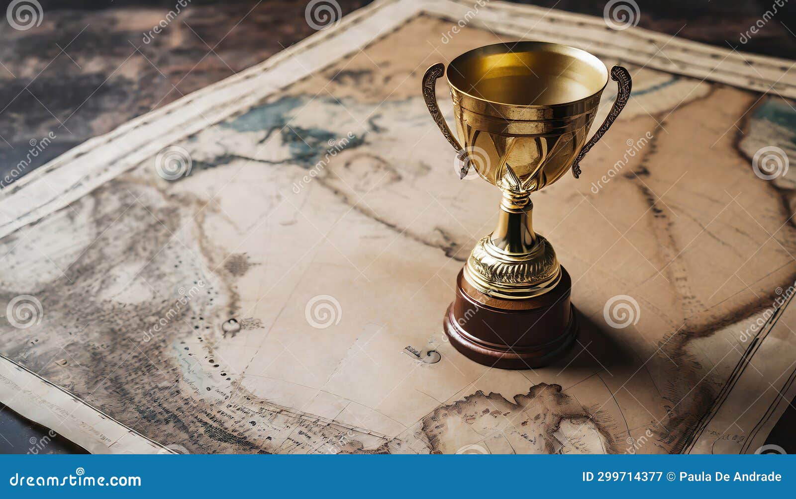 Gold Trophy Sits on Top of an Old Map with Mountains in the Background ...
