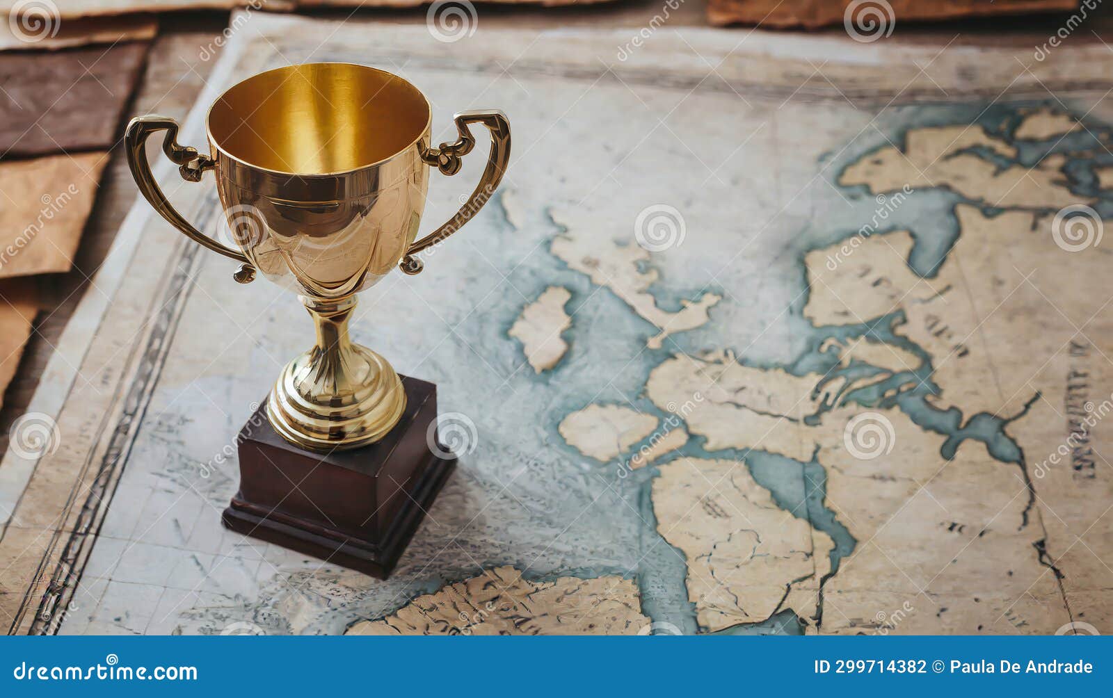 Gold Trophy Sits on Top of an Old Map with Mountains in the Background ...