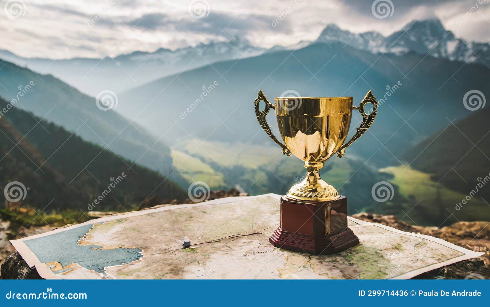 Gold Trophy Sits on Top of an Old Map with Mountains in the Background ...