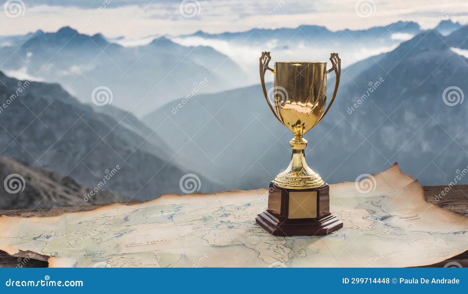 Gold Trophy Sits on Top of an Old Map with Mountains in the Background ...