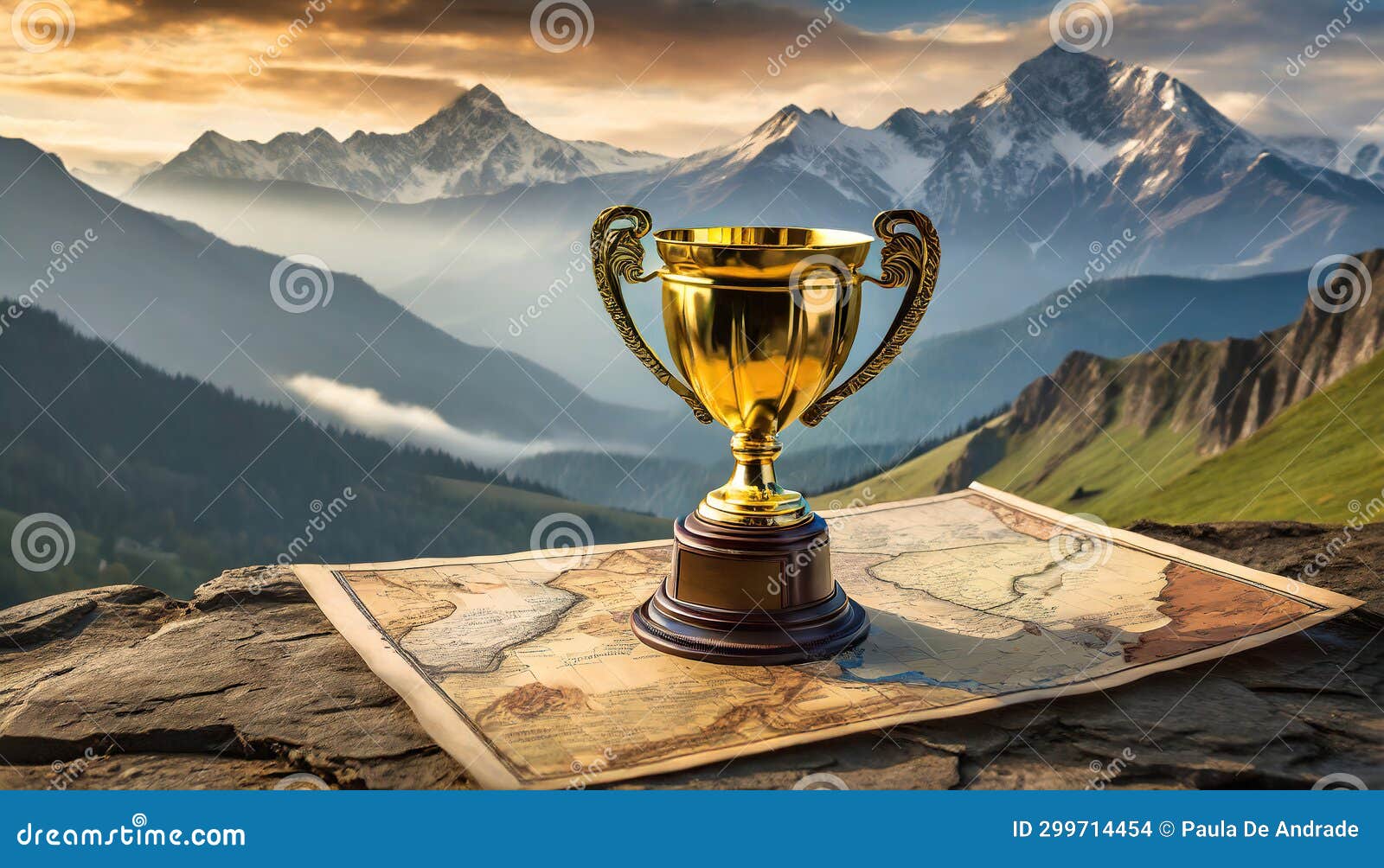 Gold Trophy Sits on Top of an Old Map with Mountains in the Background ...