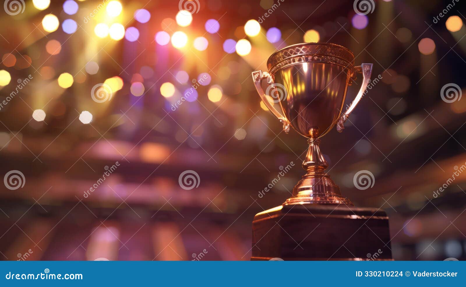Gold Trophy on a Stage with Blurred Lights Stock Illustration ...