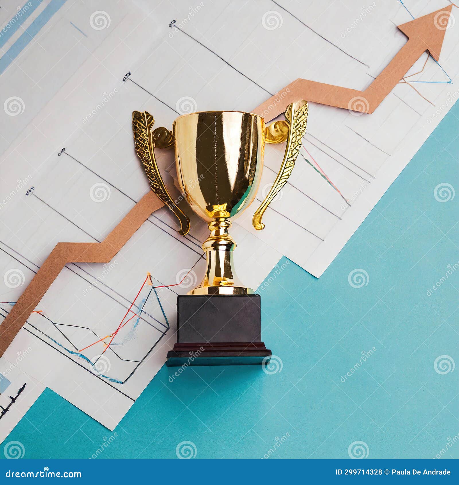 Gold Trophy on Top of Financial Graphs with an Arrow Pointing Up Stock ...