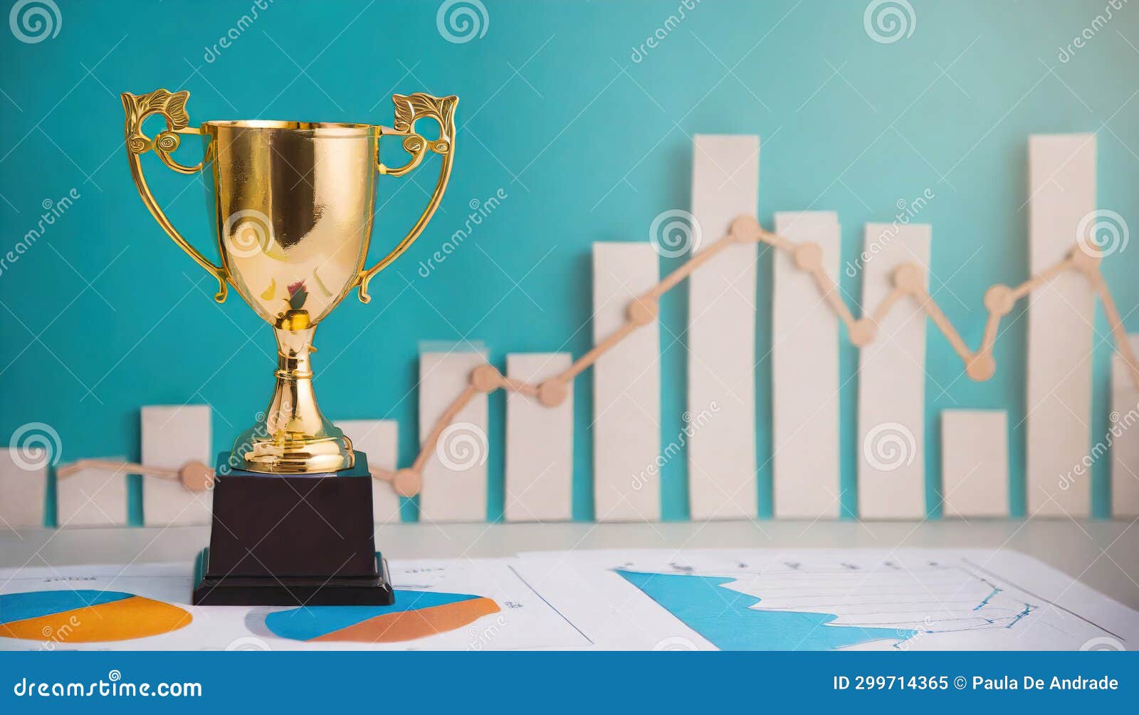 Gold Trophy on Top of Financial Graphs with an Arrow Pointing Up Stock ...