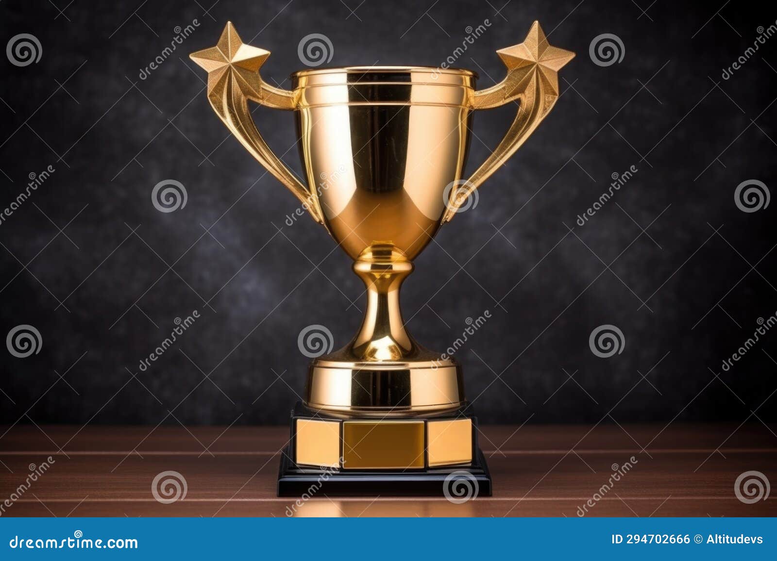 Gold Trophy with Wooden Base on a Dark Desk Stock Photo - Image of ...