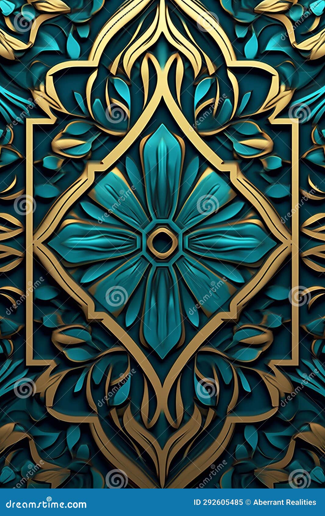 Gold and Turquoise Floral Pattern on a Blue Background Stock ...