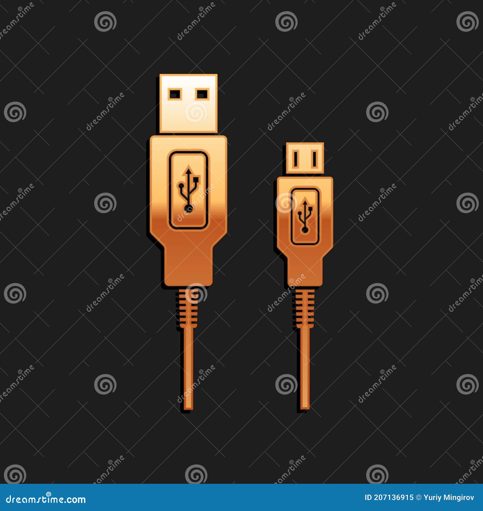 Gold USB Micro Cables Icon Isolated on Black Background. Connectors and ...
