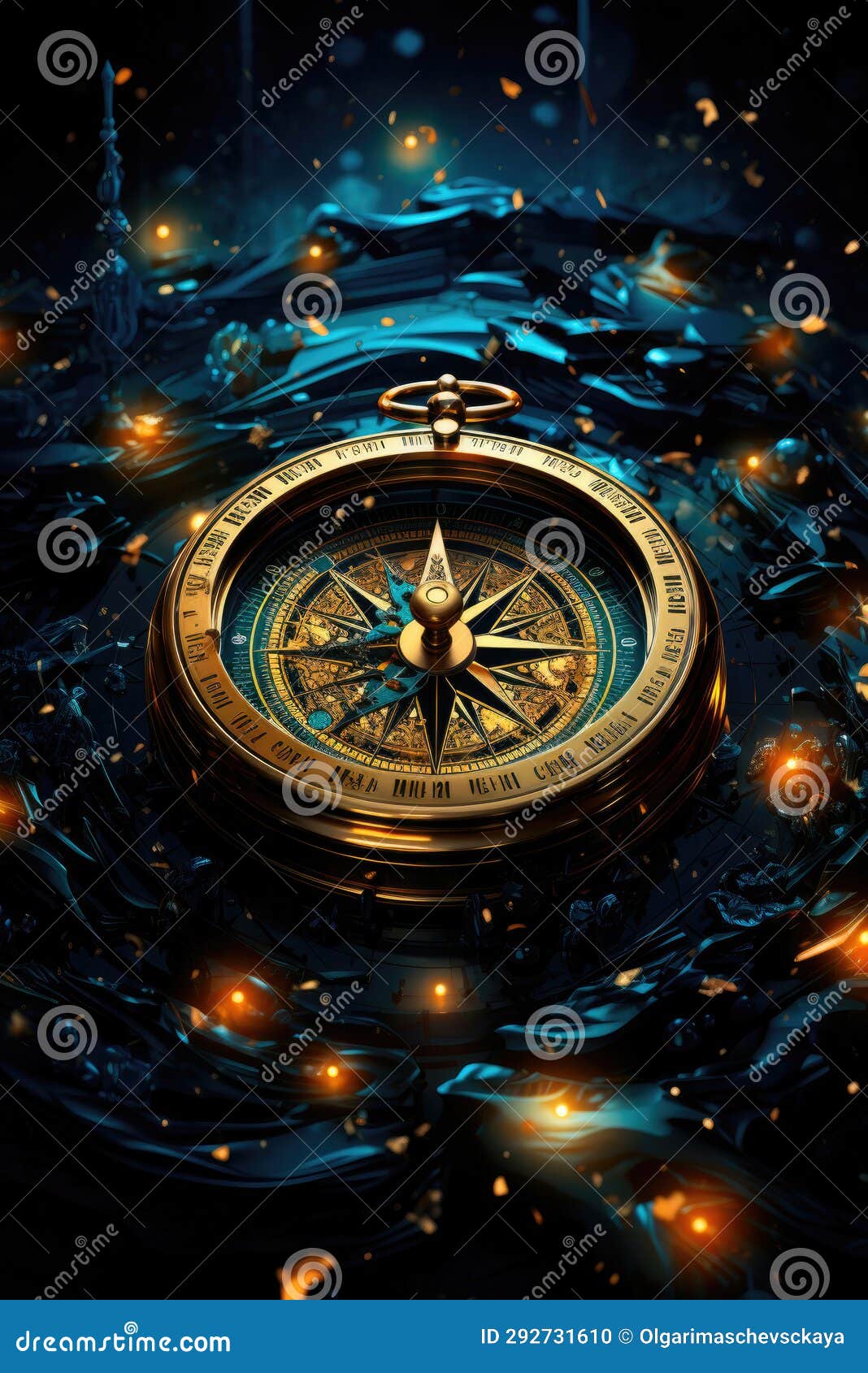 Gold Vintage Compass on a Blue Background with Lights Stock ...