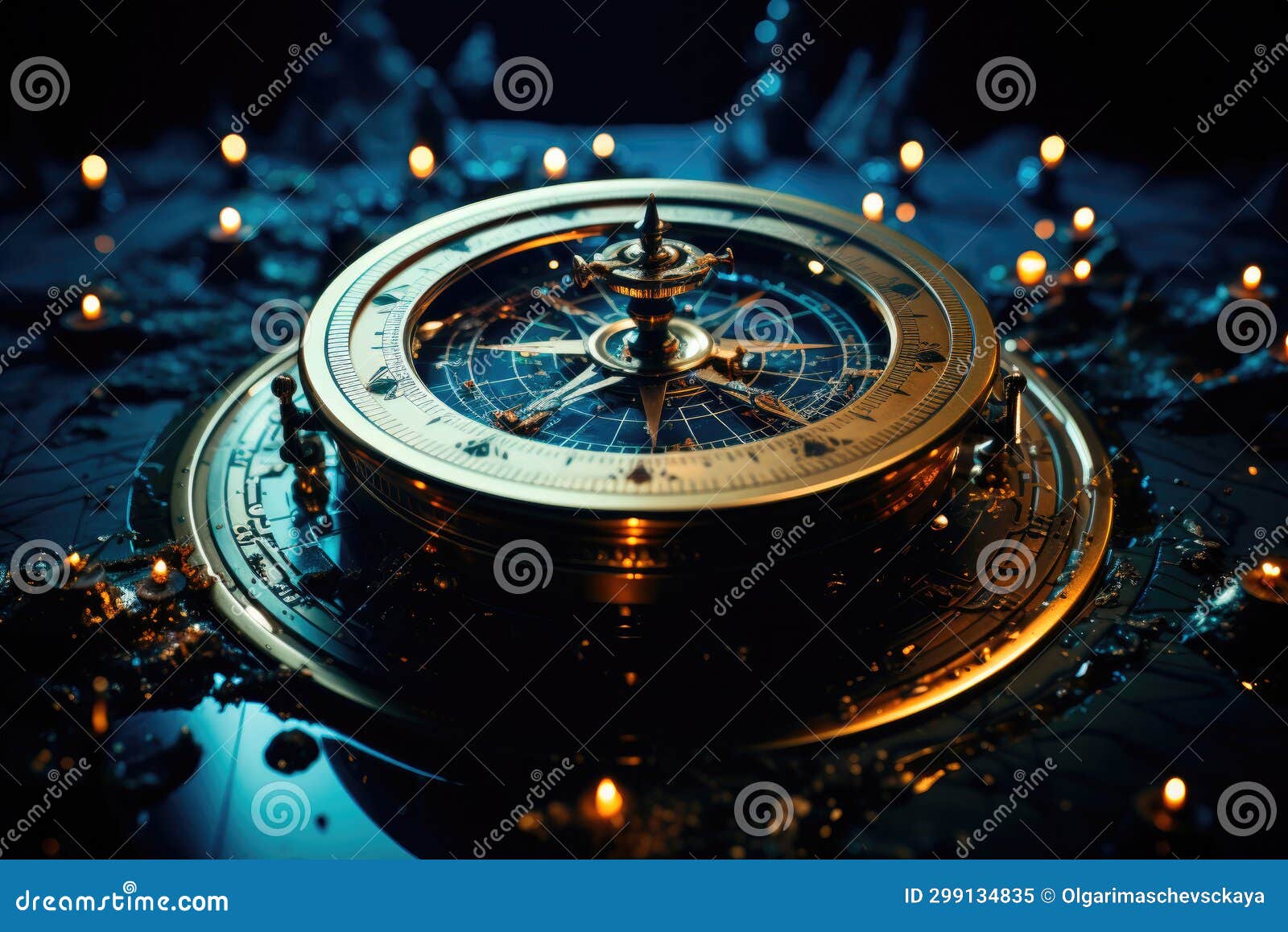 Gold Vintage Compass on a Blue Background with Lights Stock ...