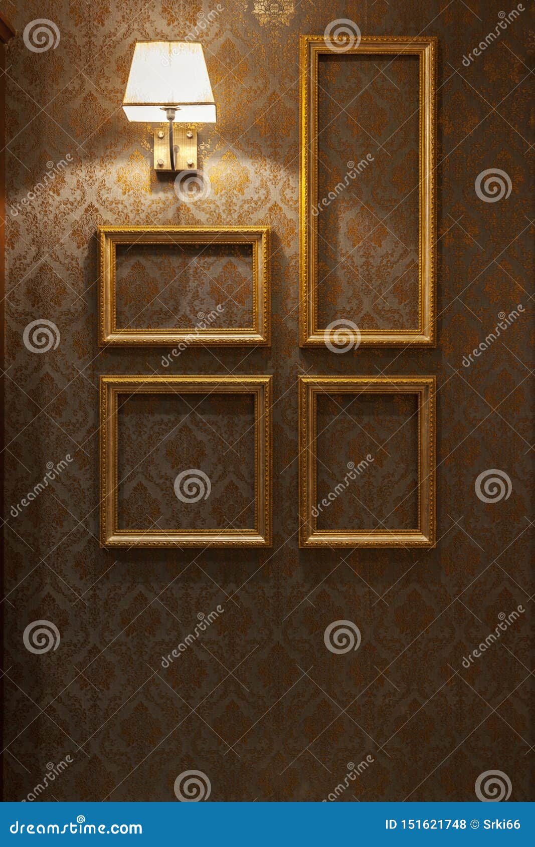 Gold vintage frame on wall stock photo. Image of furniture - 151621748