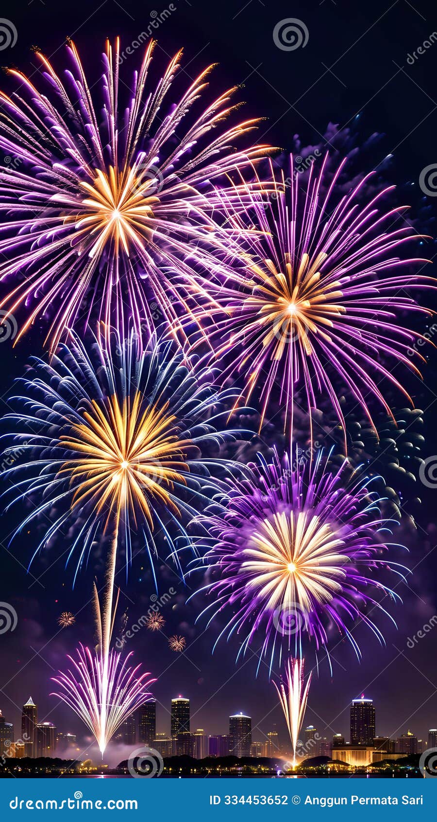 Gold and Violet Fireworks Bursting in the Night Sky, Creating a ...