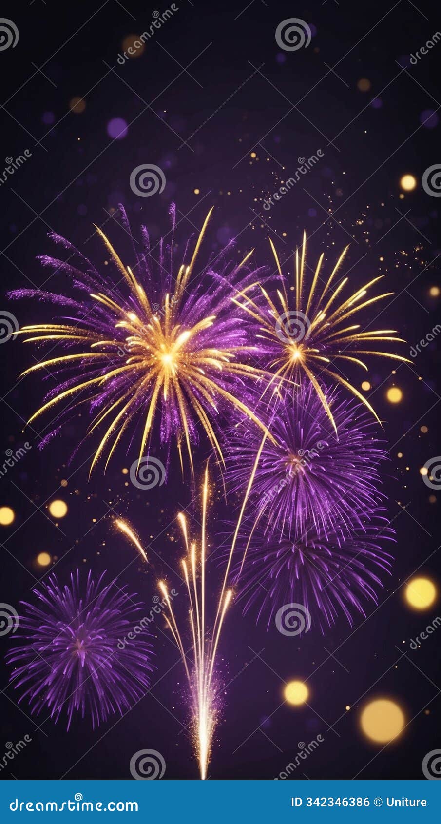Gold and Violet Fireworks Light Up the Night Sky Stock Illustration ...