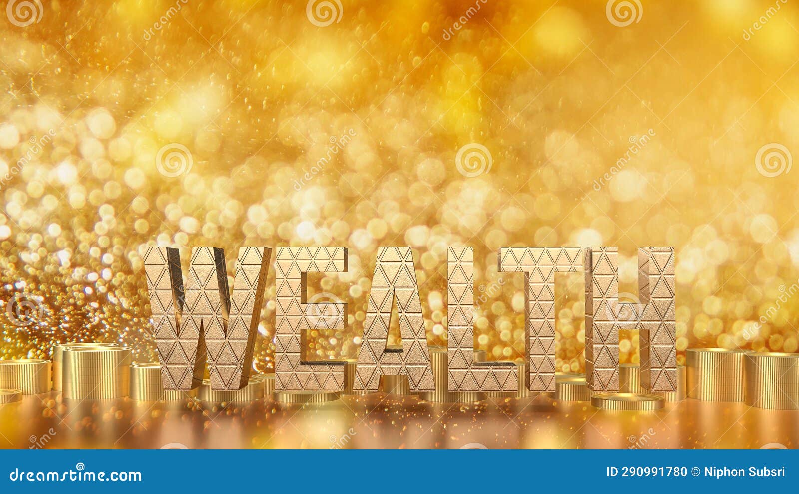 The Gold Wealth Text and Coins 3d Rendering Stock Illustration ...