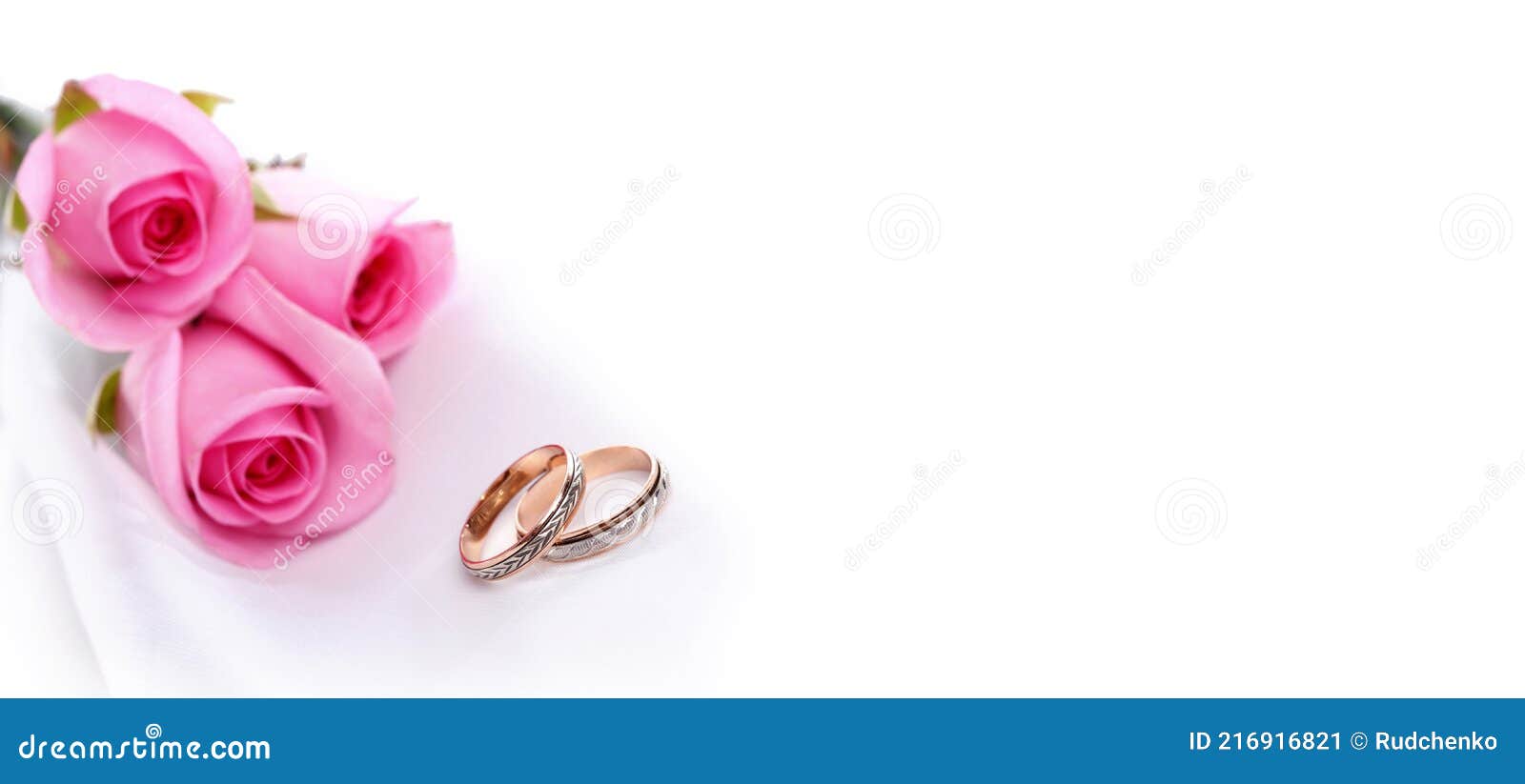 Gold Wedding Ring and Rose Flower Bouquet. Wedding Horizontal ...