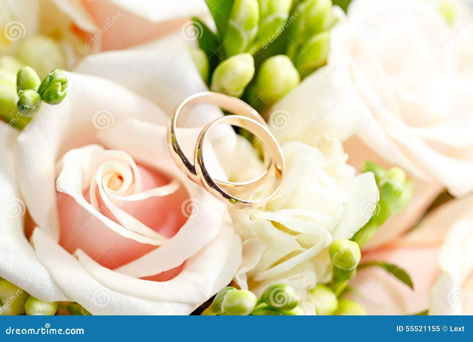 Gold Wedding Rings on Bouquet of Flowers for the Bride Stock Image ...