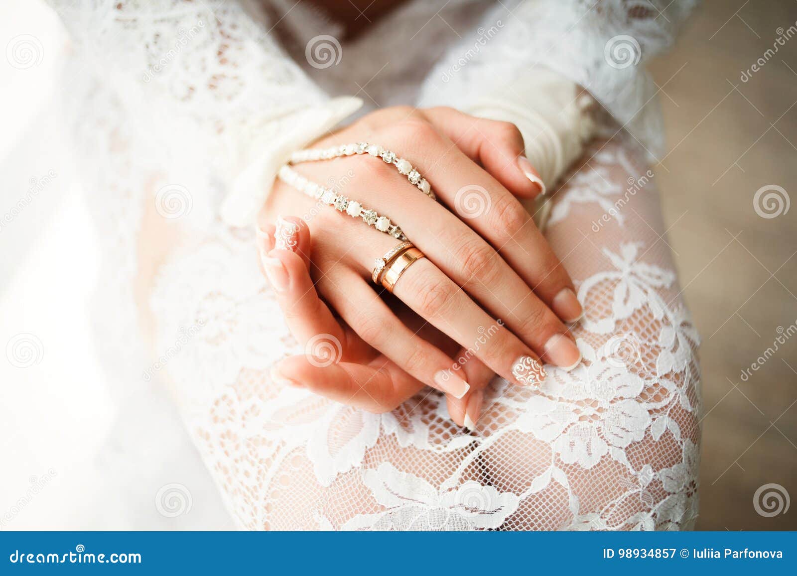 Gold Wedding Rings in the Hands of Bride Stock Image - Image of dress ...