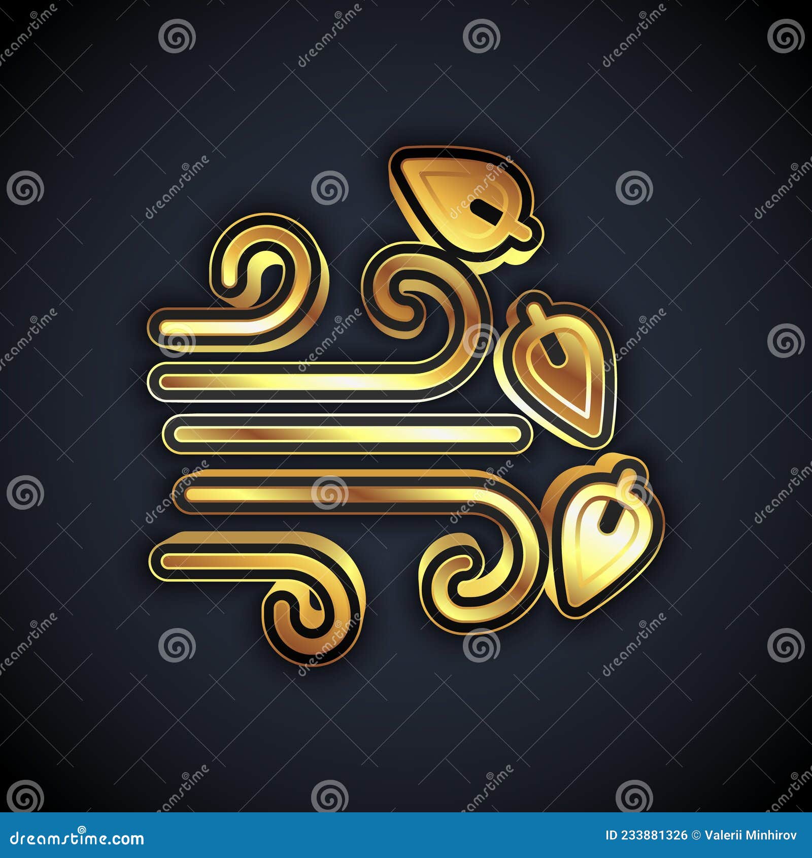 Gold Windy Weather Icon Isolated on Black Background. Cloud and Wind ...