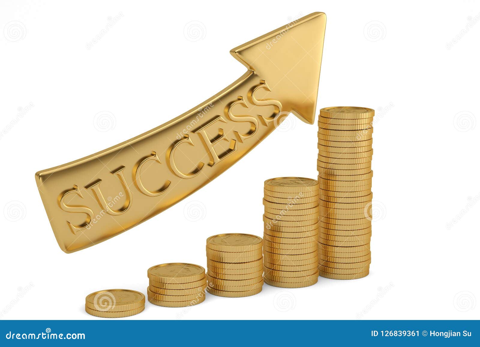 Gold Word Success on Arrow and Coin Stack on White Background 3D ...