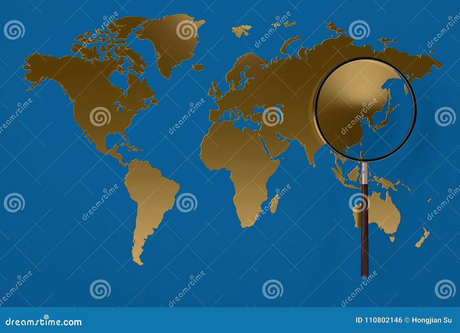 Gold World Map Magnifying Glass.3D Illustration. Stock Illustration ...
