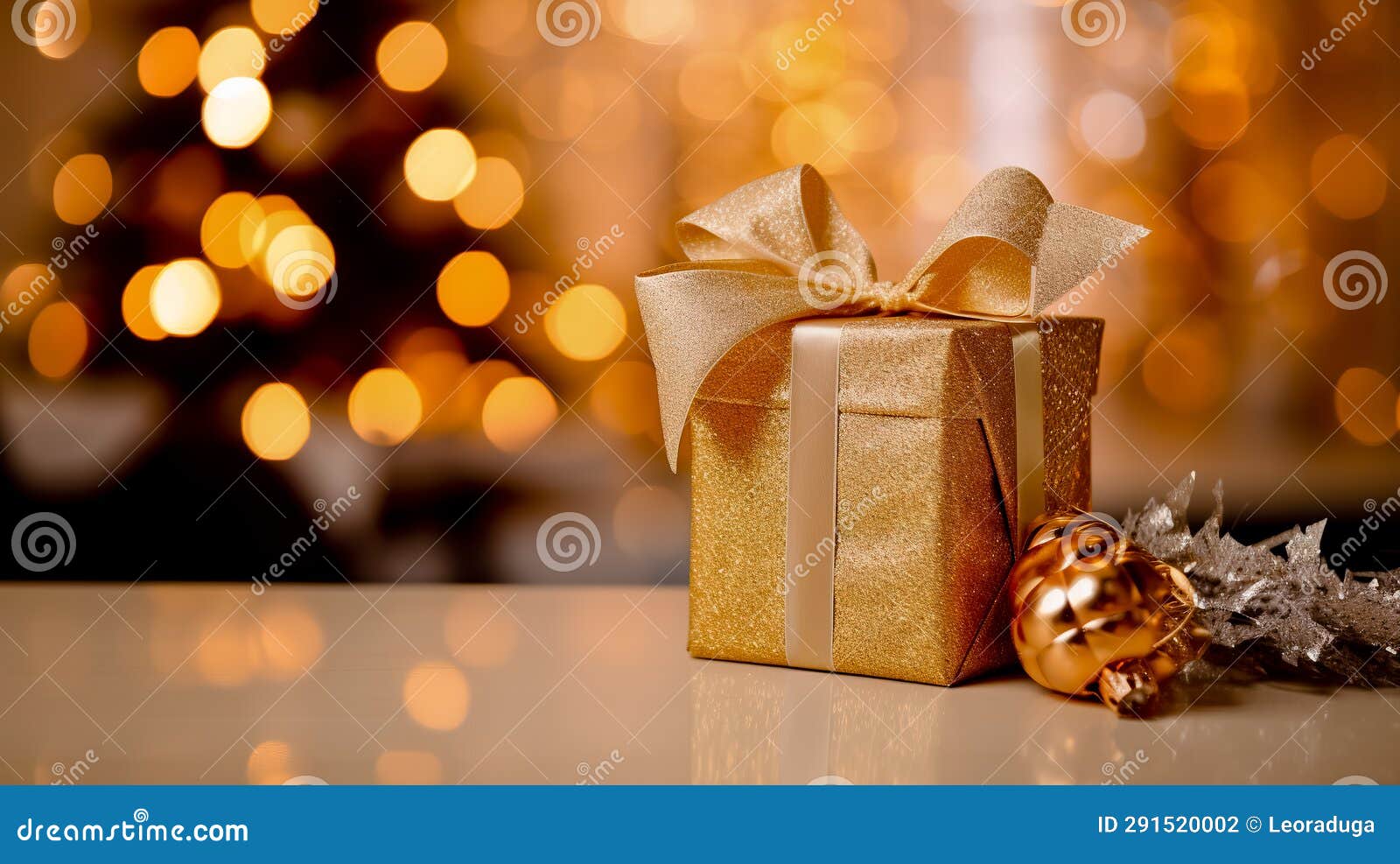 Gold Wrapped Present on Table with Christmas. Stock Illustration ...