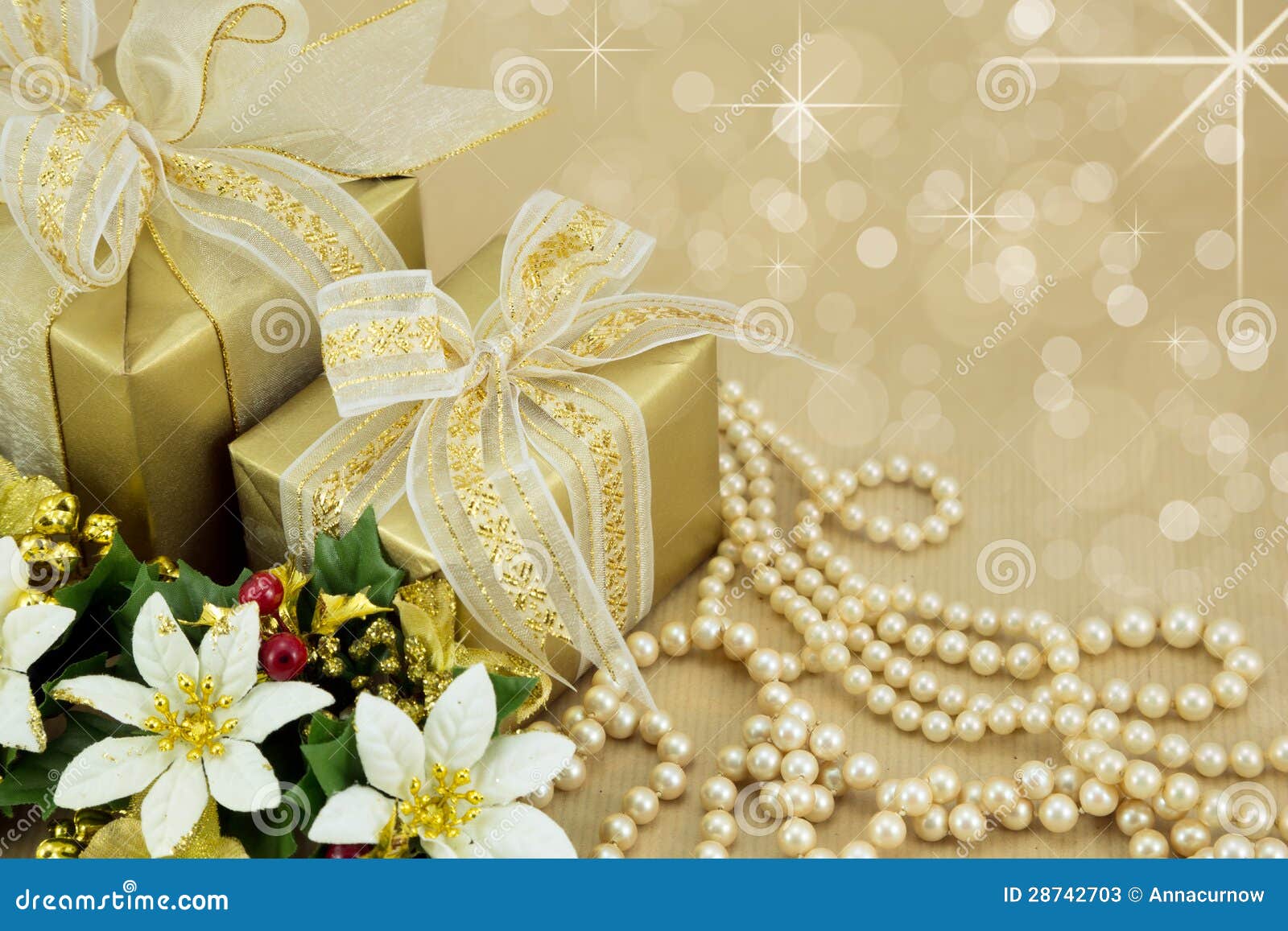Gold Wrapped Presents with Pearls and Flowers Stock Image - Image of ...