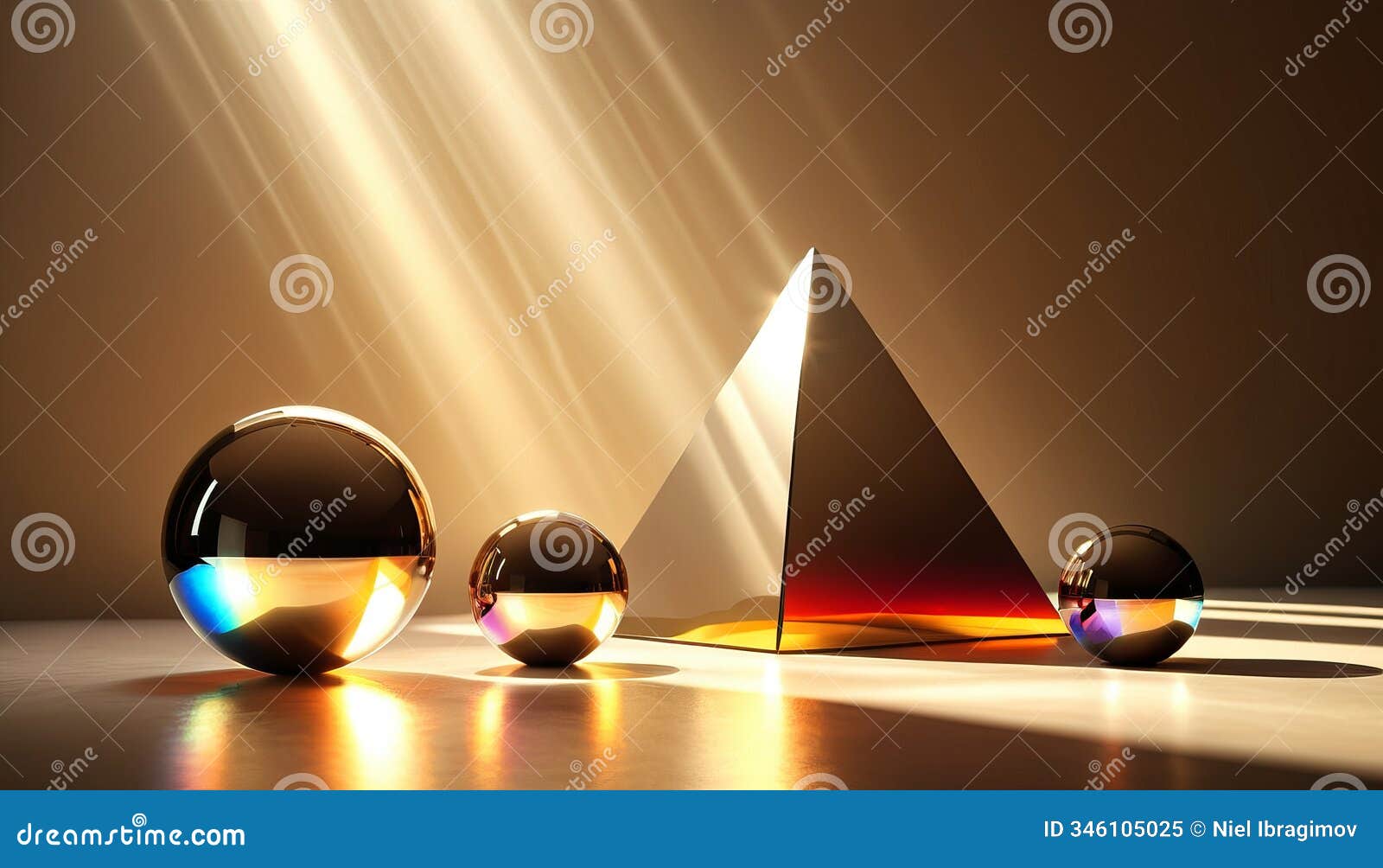 Golden Abstract Shapes with Light Rays: Spheres and Pyramid Art Stock ...