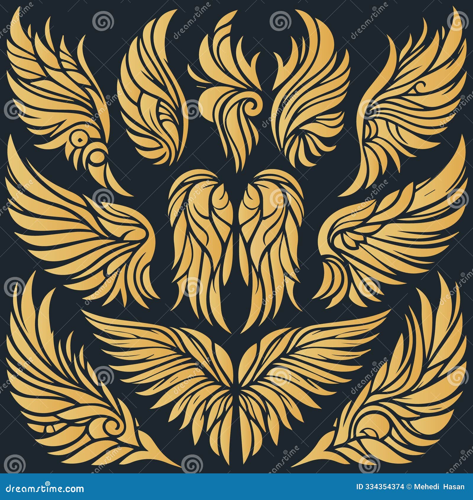 Golden Abstract Wing Designs Arranged In A Grid Pattern. Vector ...