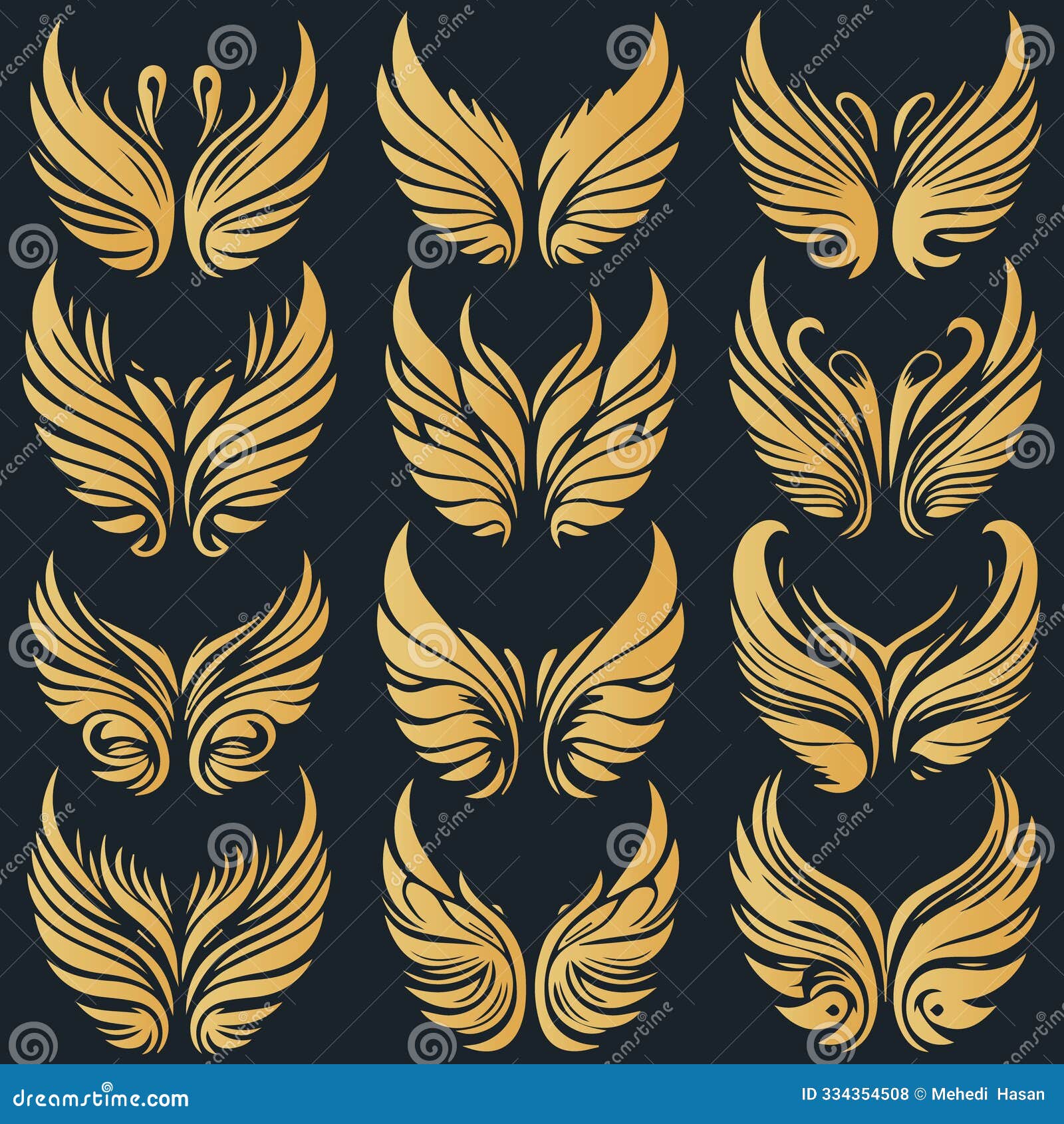Golden Abstract Wing Designs Arranged In A Grid Pattern. Vector ...