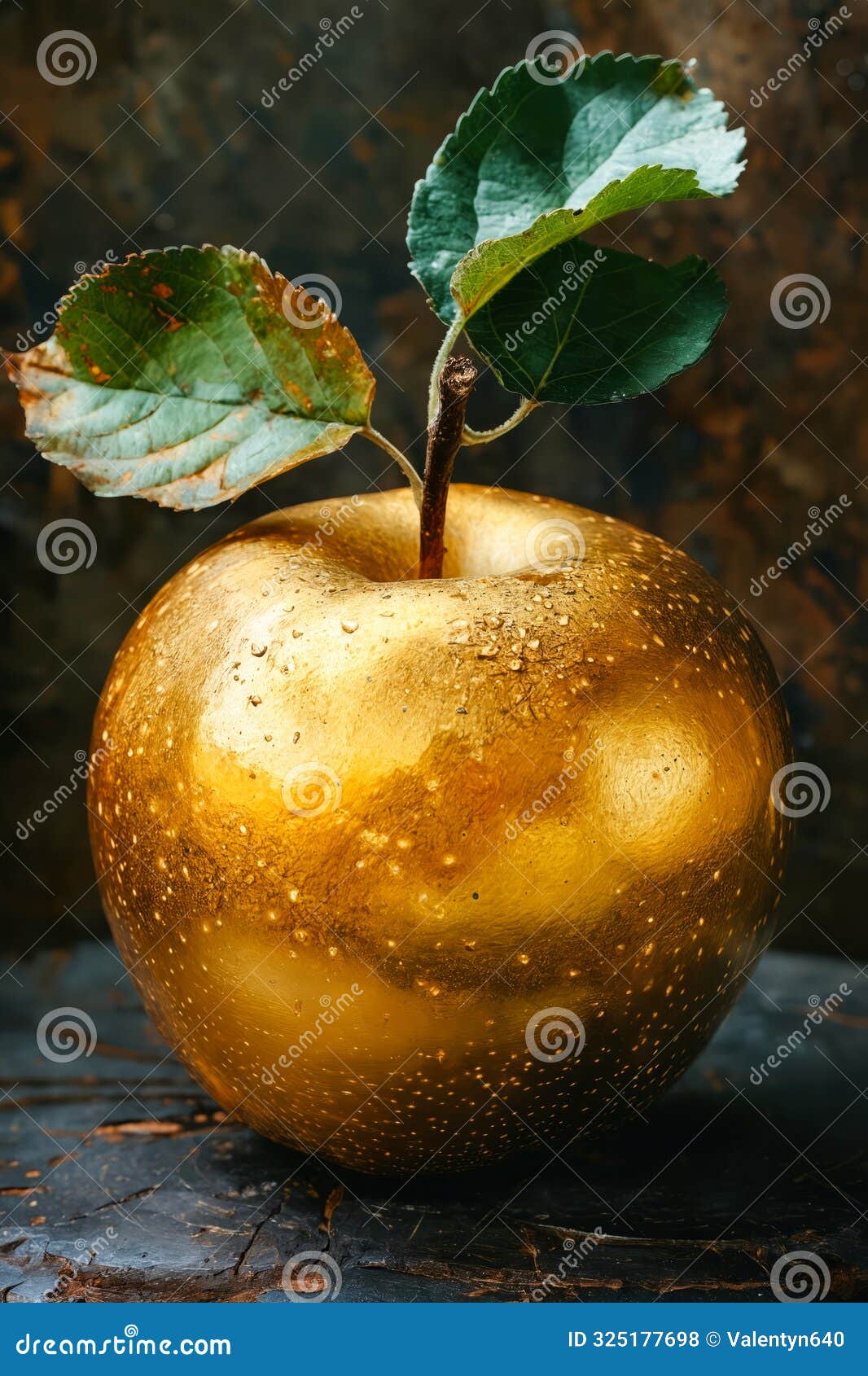 Golden Apple with Leaf on a Wooden Table. Generative AI Stock Photo - Image of stem, floor ...