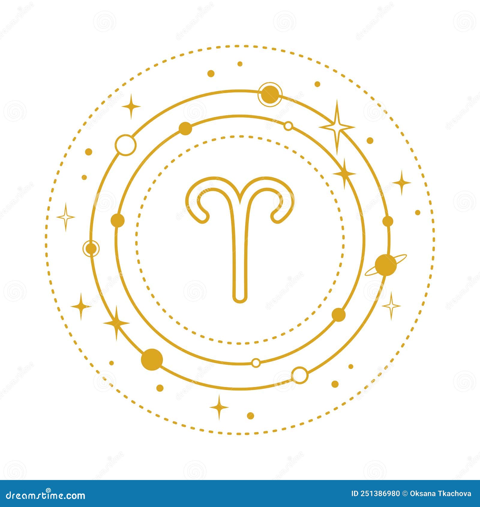 Golden Aries Sign Stylized with Planets and Stars in Orbits on a White ...