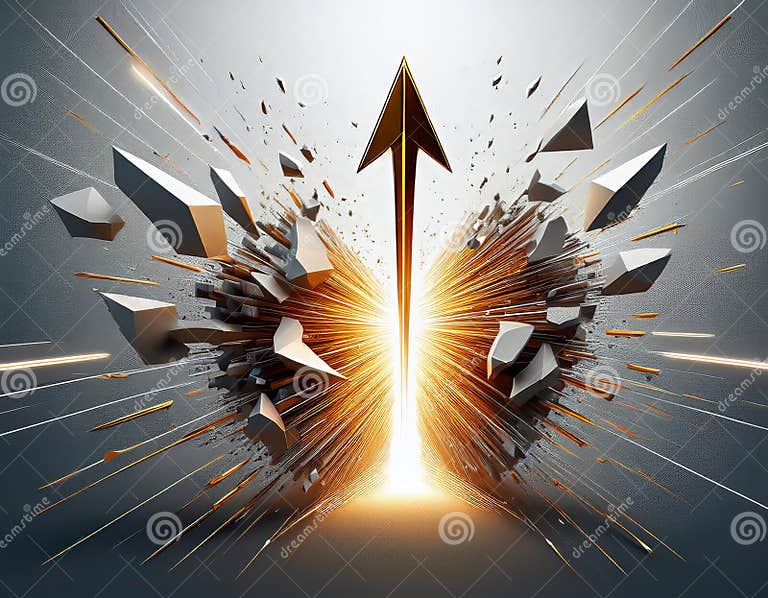 Golden Arrow Breaking through Wall with Light Beams Stock Illustration ...