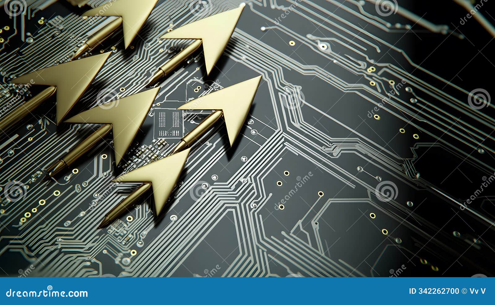 Golden Arrows on a Circuit Board Background Stock Illustration ...