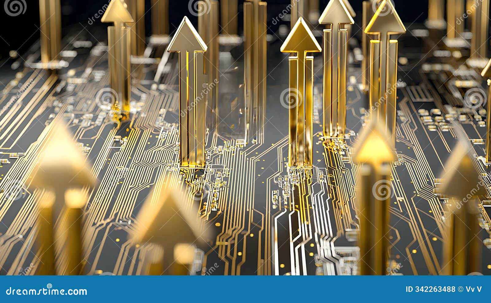Golden Arrows Rising on Circuit Board Design Stock Illustration ...