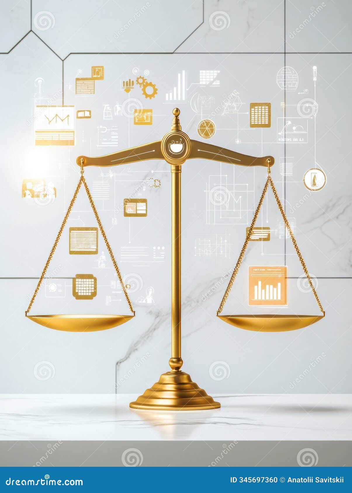 A Golden Balance Scale Symbolizes Justice, with Digital Graphs and ...