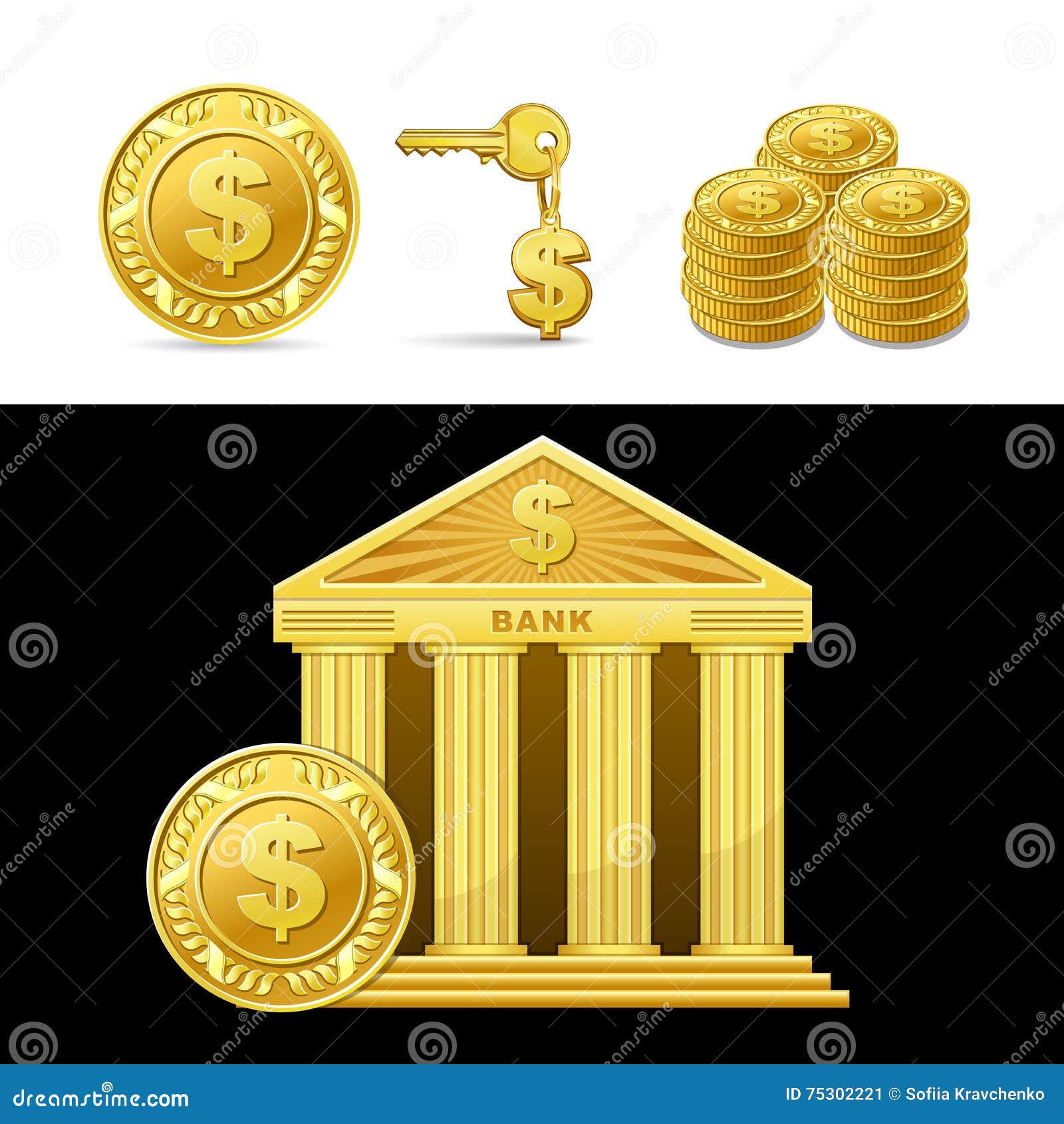 Golden bank with money stock vector. Illustration of metal - 75302221