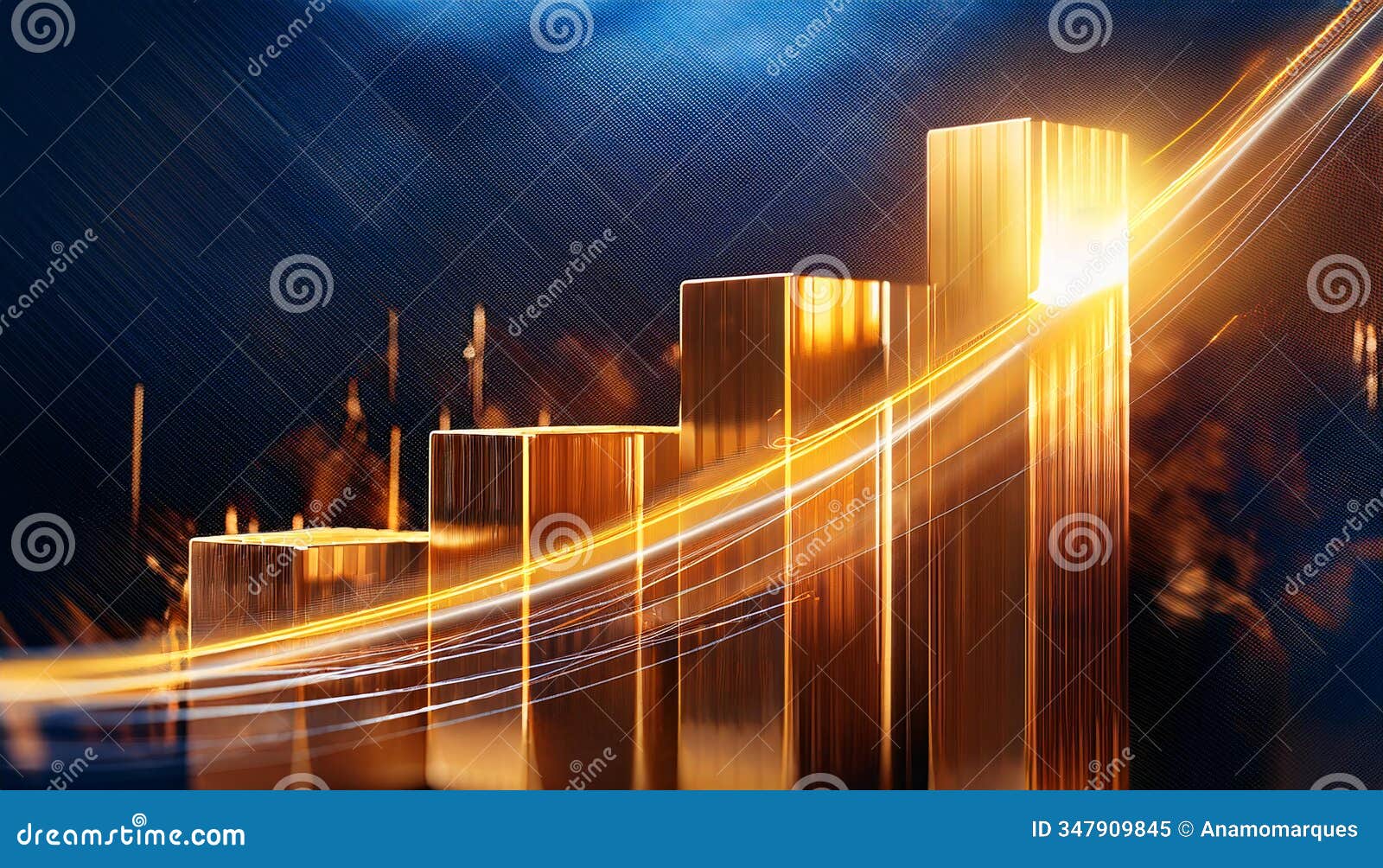 Golden Bar Graph with a Glowing Upward Trend Line, Surrounded by Blue ...
