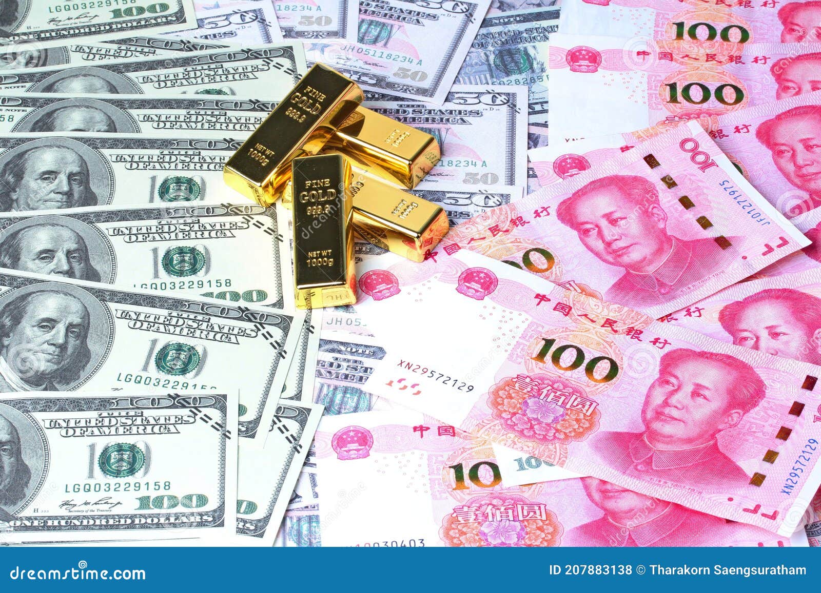 Golden Bars on Dollar Banknote and Yuan Banknote Lay Spread Double ...