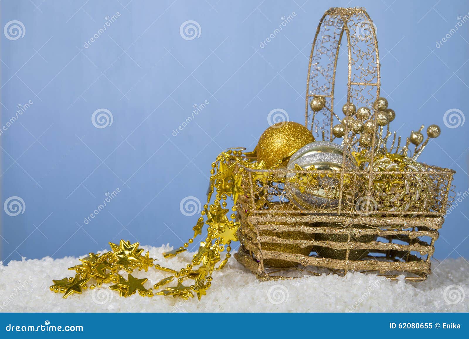 Golden Basket with Christmas Decorations Stock Image - Image of ...