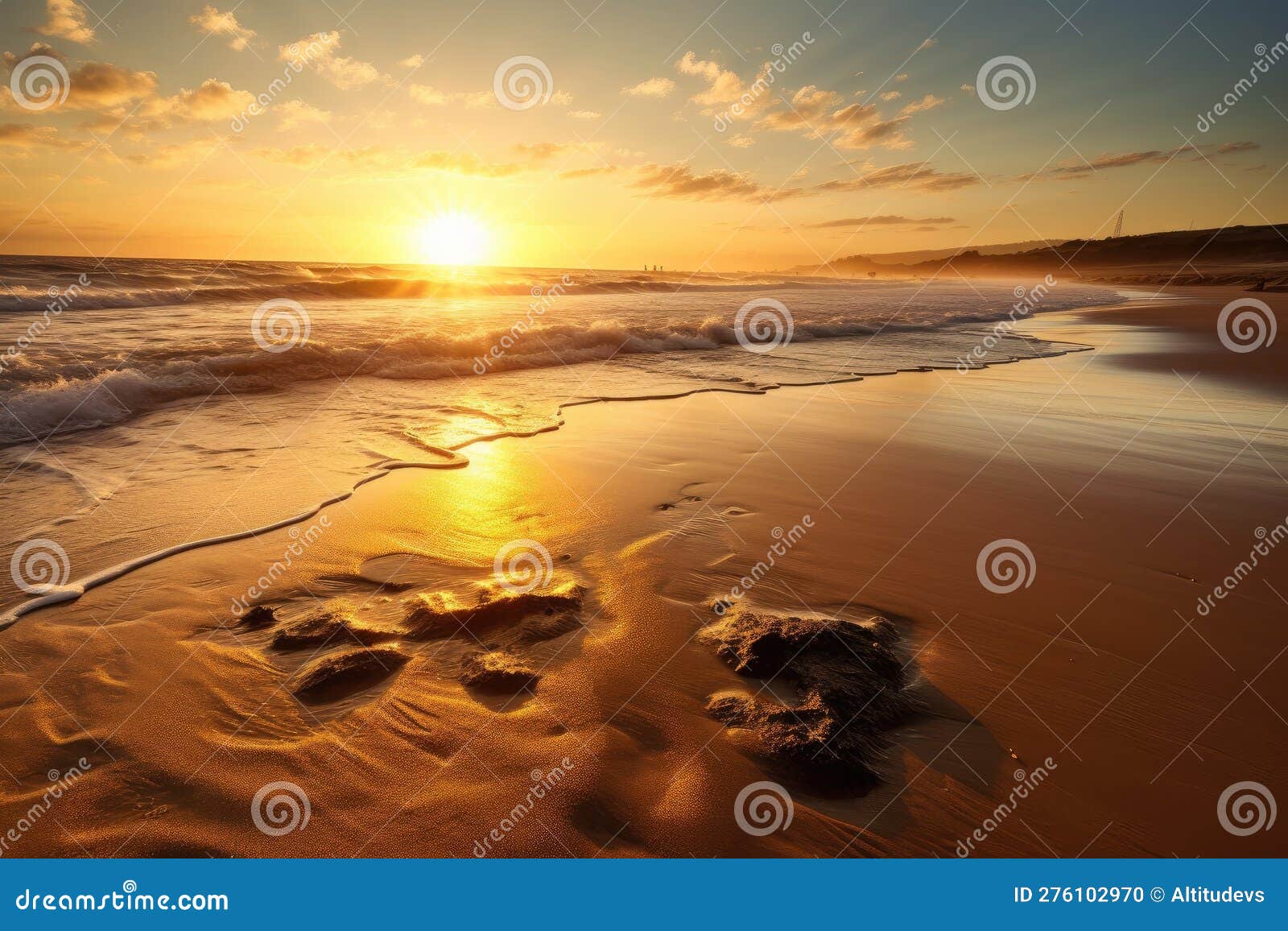 Golden Beach at Sunset, with the Sun Casting Its Final Rays Over the ...