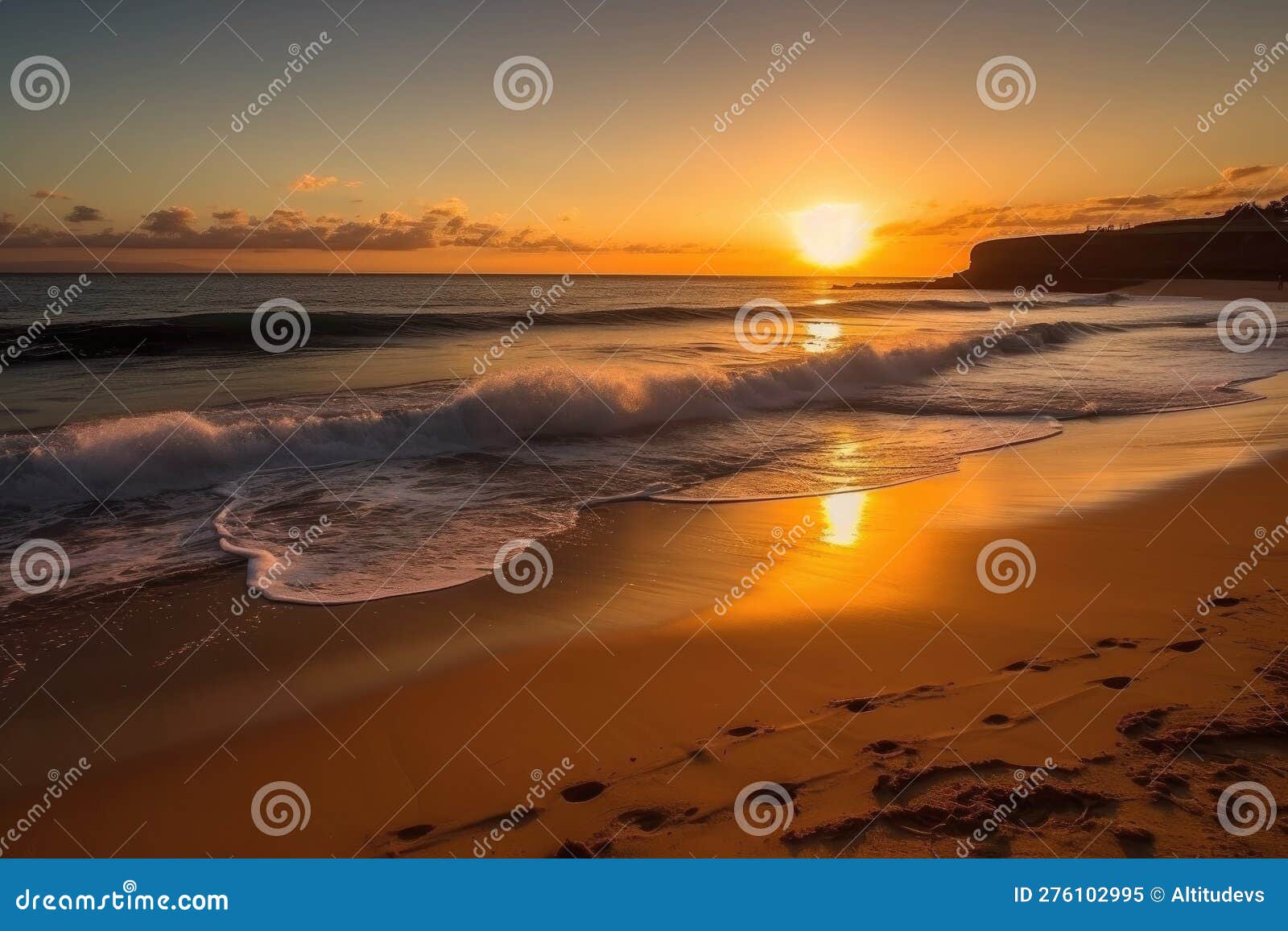Golden Beach at Sunset, with the Sun Setting Behind the Ocean Stock ...
